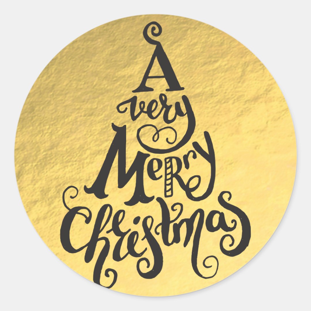 Gold Foil Holiday Christmas Tree MERRY CHRISTMAS Classic Round Sticker ...