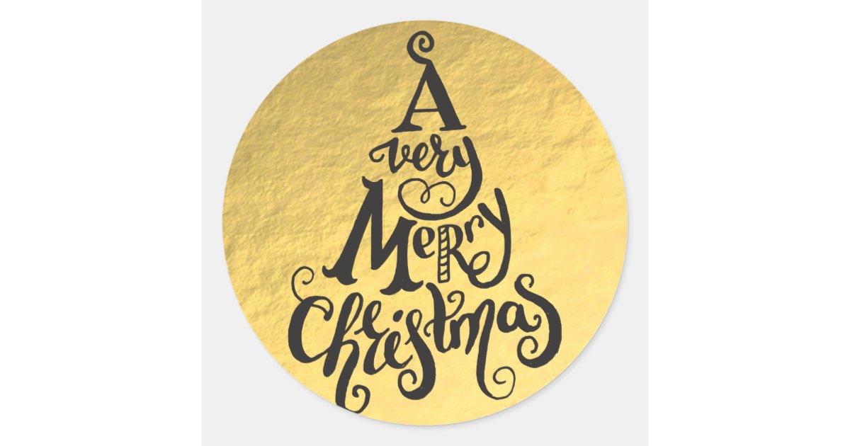Gold Foil Holiday Christmas Tree MERRY CHRISTMAS Classic Round Sticker ...