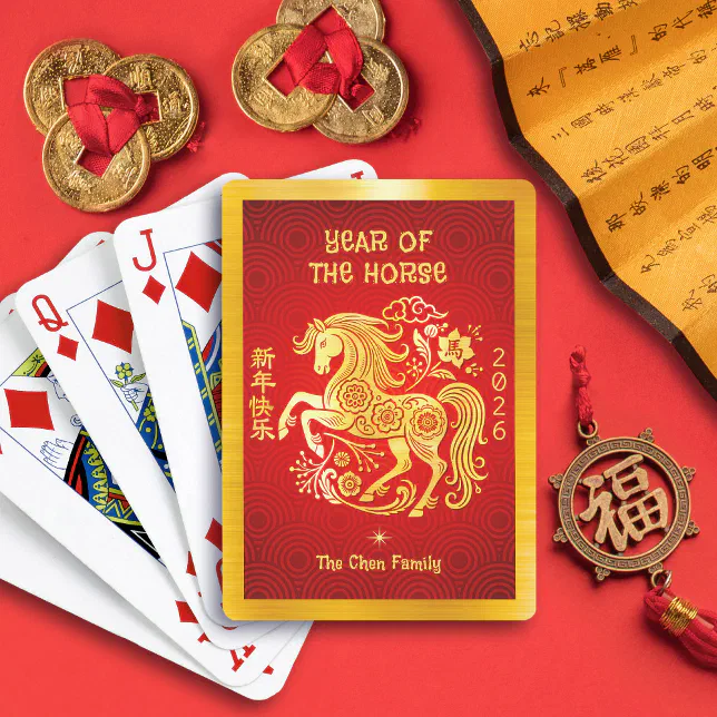 Gold Foil Horse 2026 Chinese Lunar New Year Red Poker Cards | Zazzle