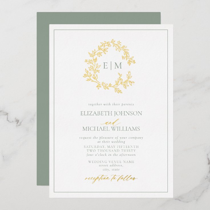 Gold Foil Leafy Sage Green Monogram Wedding Foil Invitation | Zazzle
