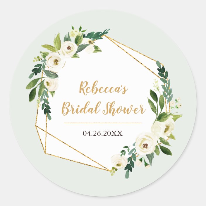 Gold Foil Look Geometric Frame and Flowers Party Classic Round Sticker ...