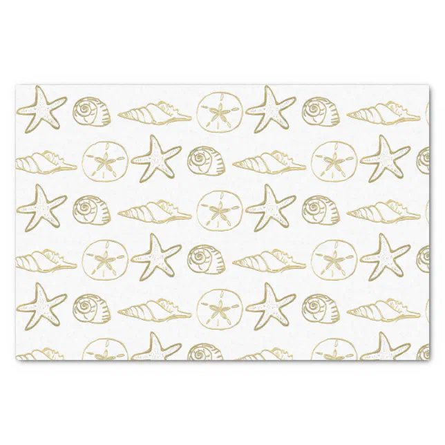 Gold Foil Look Sea Shells Chic Beach Elegant White Tissue Paper | Zazzle