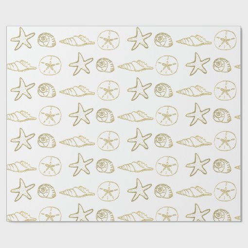 Gold Foil Look Sea Shells Chic Beach Elegant White Wrapping Paper | Zazzle