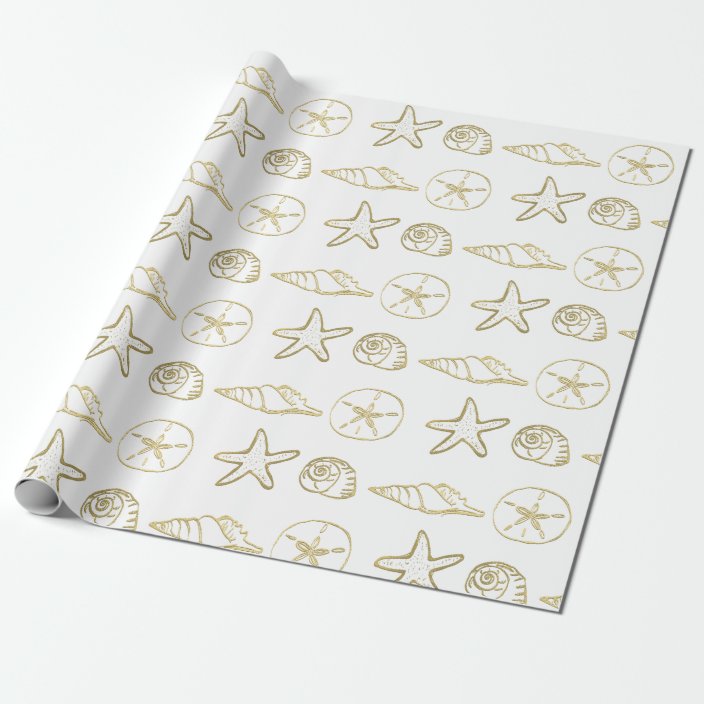 Gold Foil Look Sea Shells Chic Beach Elegant White Wrapping Paper ...