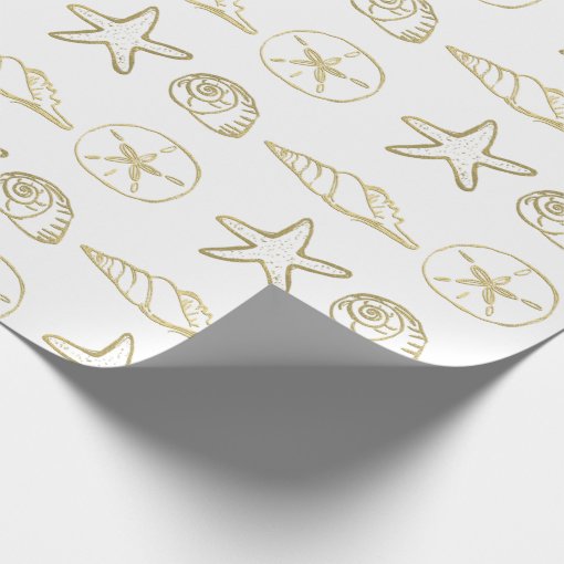 Gold Foil Look Sea Shells Chic Beach Elegant White Wrapping Paper | Zazzle