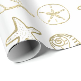 Gold Foil Look Sea Shells Chic Beach Elegant White Wrapping Paper | Zazzle