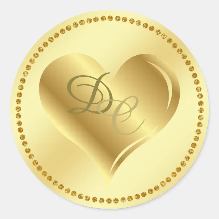 Gold Foil Metallic Heart Monogram Wedding Sticke Classic Round Sticker ...