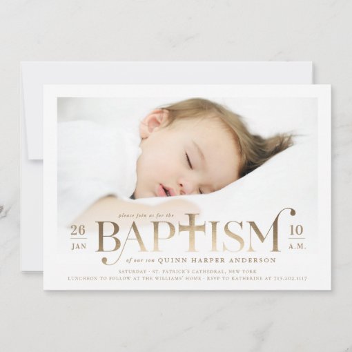 Gold Foil Modern Bold Cross Stylish Baptism Photo Invitation | Zazzle