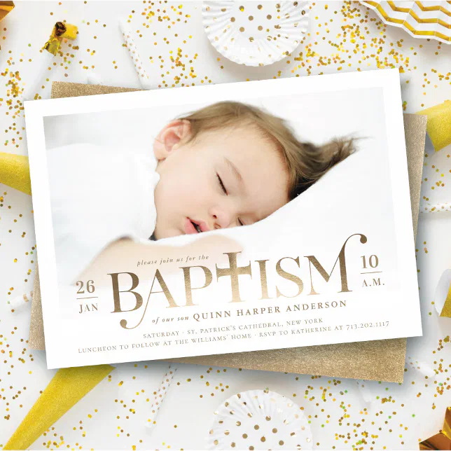 Gold Foil Modern Bold Cross Stylish Baptism Photo Invitation | Zazzle