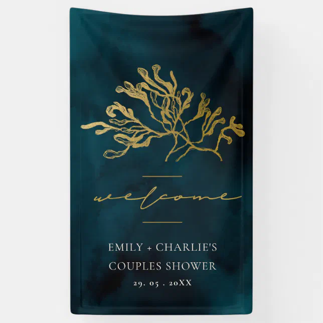 GOLD FOIL NAVY UNDERWATER SEAWEED COUPLES SHOWER BANNER | Zazzle