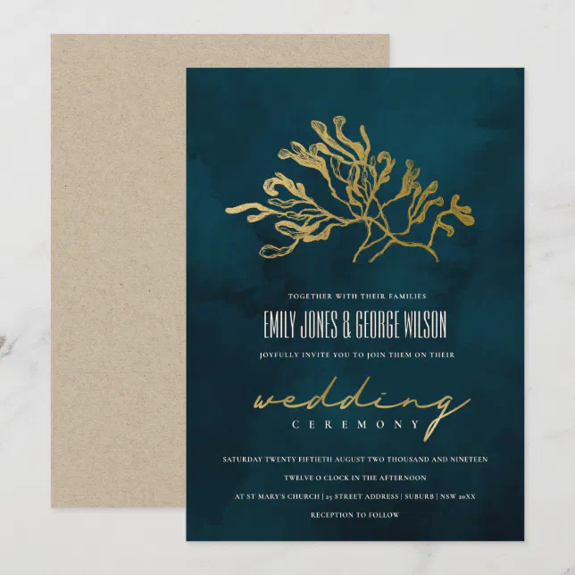 GOLD FOIL NAVY UNDERWATER SEAWEED WEDDING INVITE | Zazzle