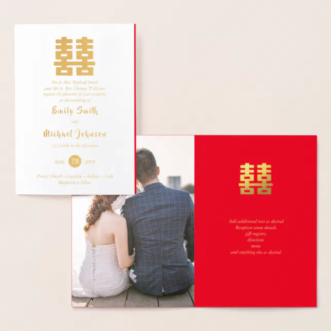 Gold FOIL PHOTO Chinese Happiness Wedding Red Foil Card | Zazzle