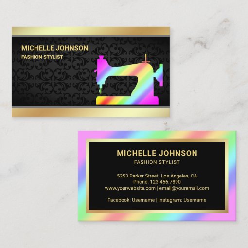 Gold Foil Rainbow Sewing Machine Fashion Stylist Business Card | Zazzle