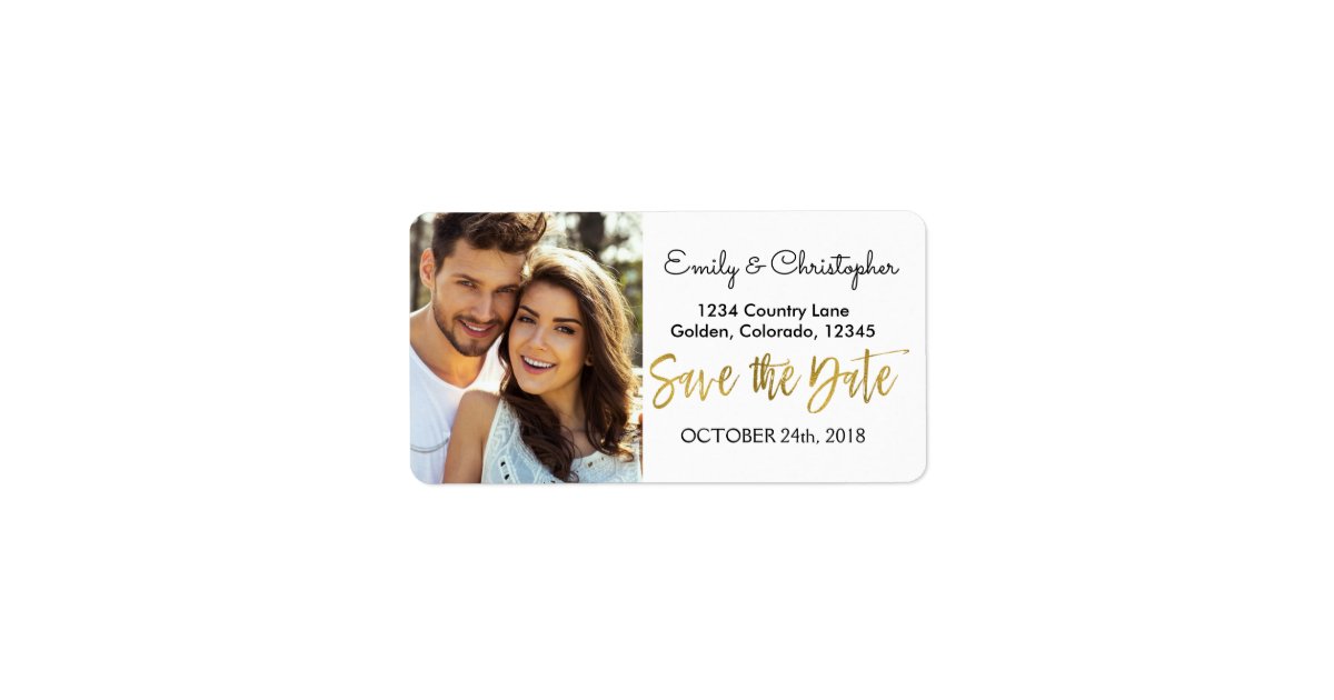 Gold Foil Script Wedding Save the Date Photo Label | Zazzle