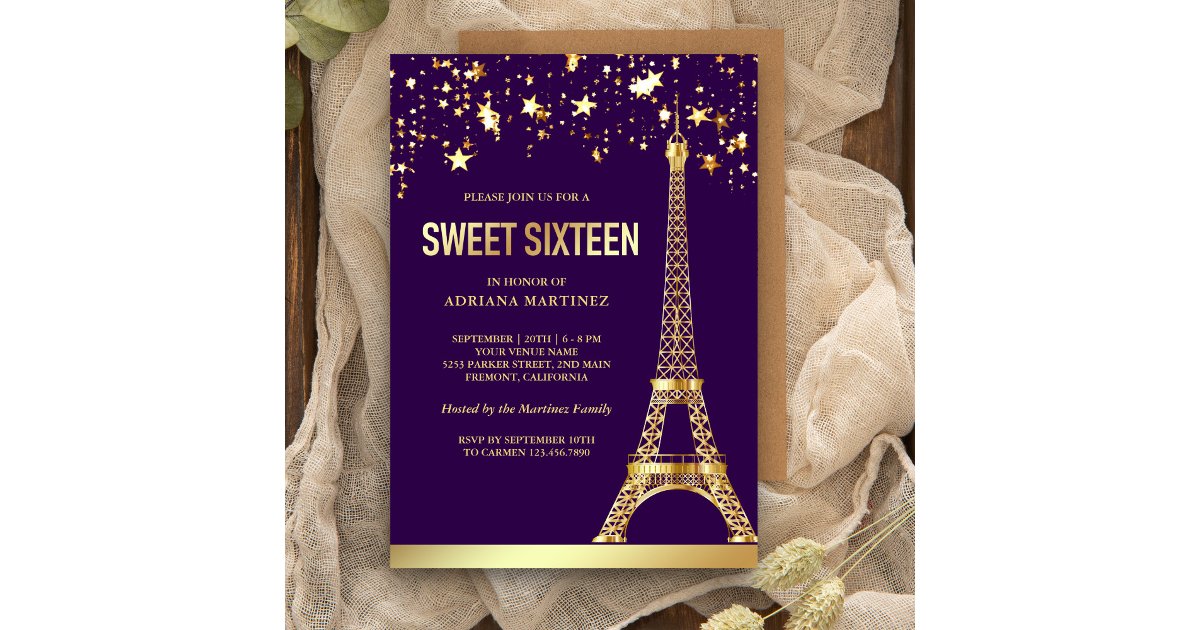 Gold Foil Stars Eiffel Tower Purple Sweet Sixteen Invitation | Zazzle
