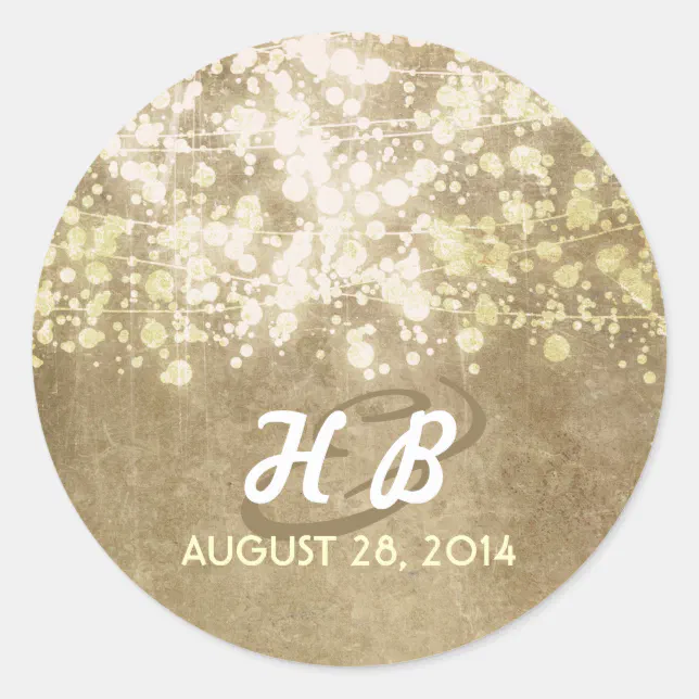 gold foil string lights rustic wedding classic round sticker | Zazzle