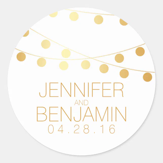 Gold Foil String of Lights Wedding Classic Round Sticker | Zazzle