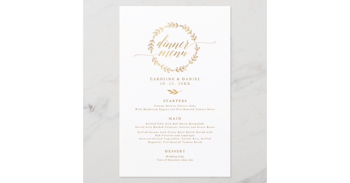 Gold Foil Stylish Calligraphy Wedding Menu | Zazzle