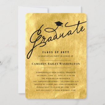 Gold Foil Stylish Graduate Graduation Cap Party Invitation | Zazzle