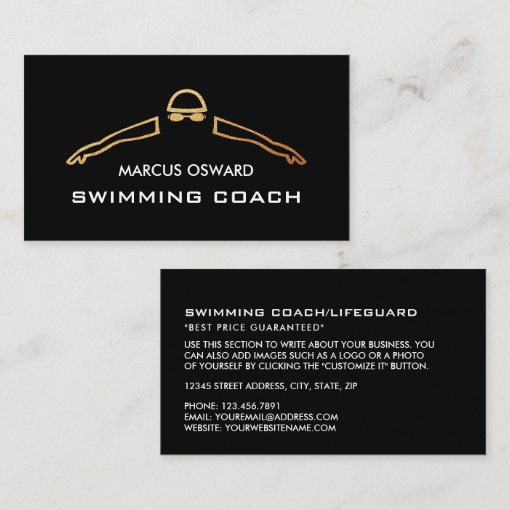 Gold Foil Swimmer Icon, Swimming Coach & Lifeguard Business Card | Zazzle