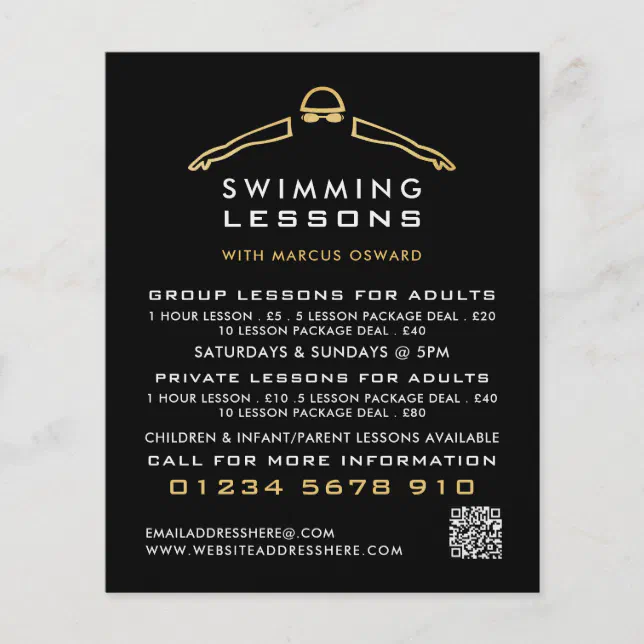 Gold Foil Swimmer Icon, Swimming Lesson Advert Flyer | Zazzle