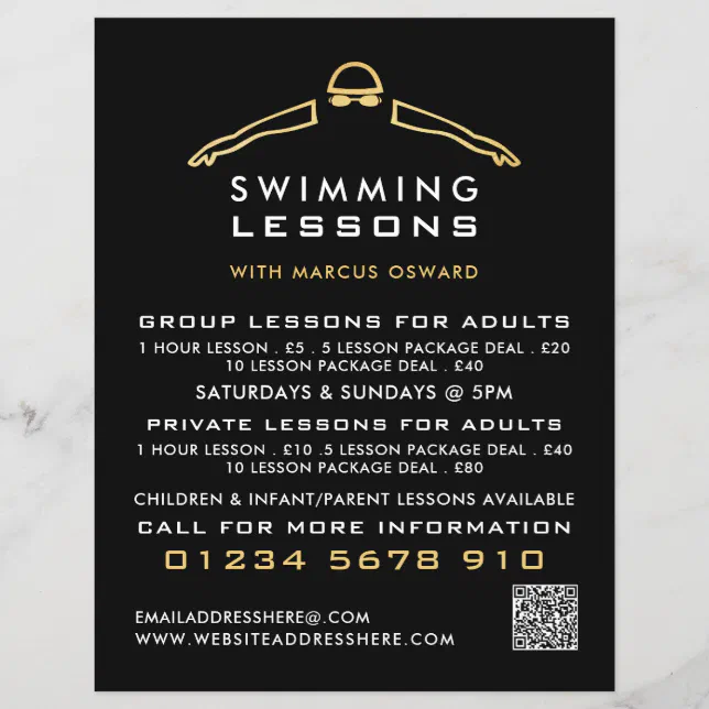 Gold Foil Swimmer Icon, Swimming Lesson Advert Flyer | Zazzle