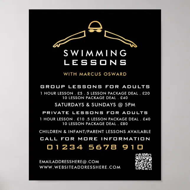 Gold Foil Swimmer Icon, Swimming Lesson Advert Poster | Zazzle