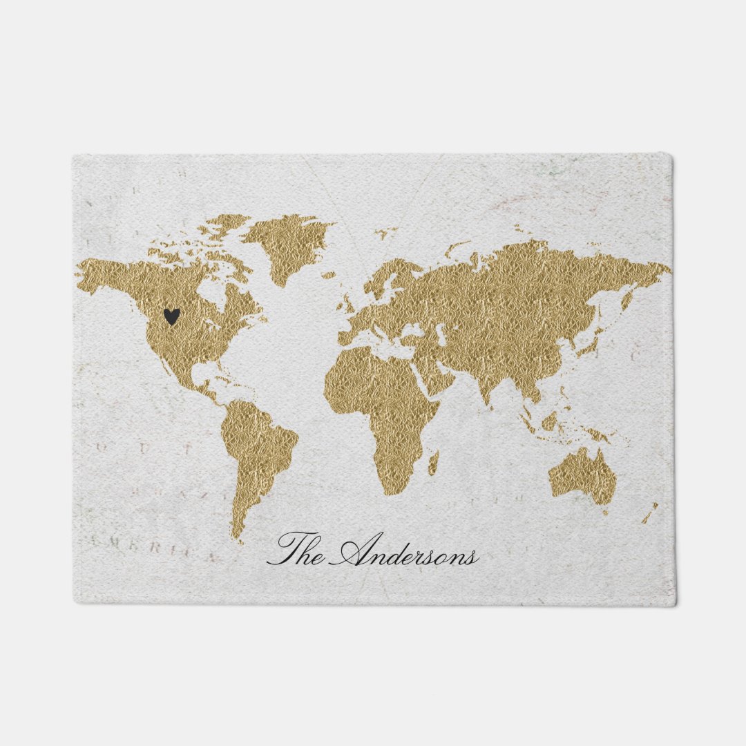 Gold Foil World Map Custom Moveable Heart Location Doormat | Zazzle