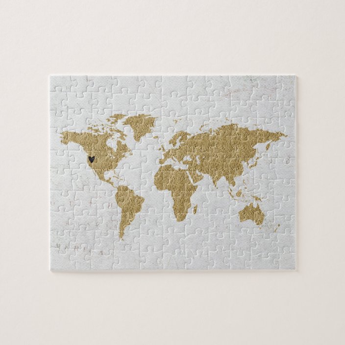 Gold Foil World Map Custom Moveable Heart Location Jigsaw Puzzle ...