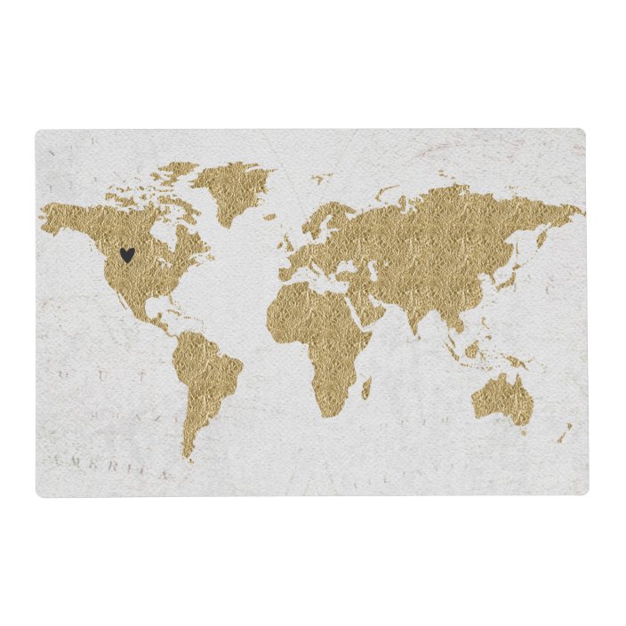 Gold Foil World Map Custom Moveable Heart Location Placemat | Zazzle