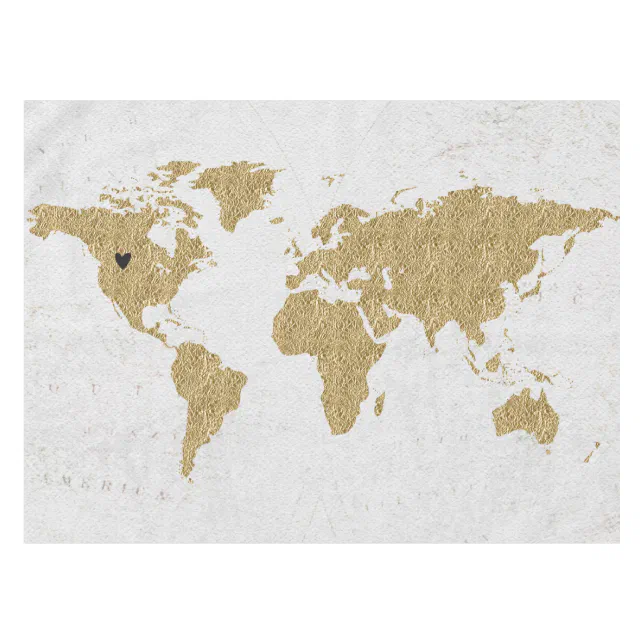 Gold Foil World Map Custom Moveable Heart Location Tablecloth | Zazzle