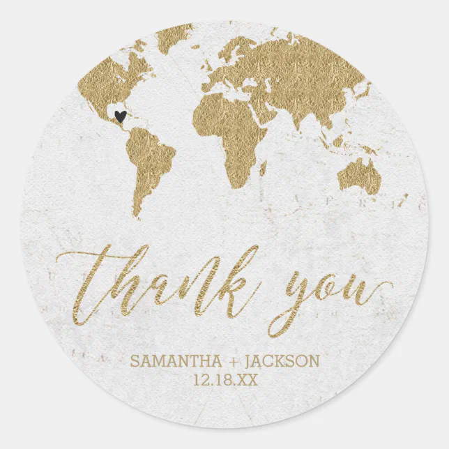 Gold Foil World Map Destination Monogram Wedding Classic Round Sticker ...