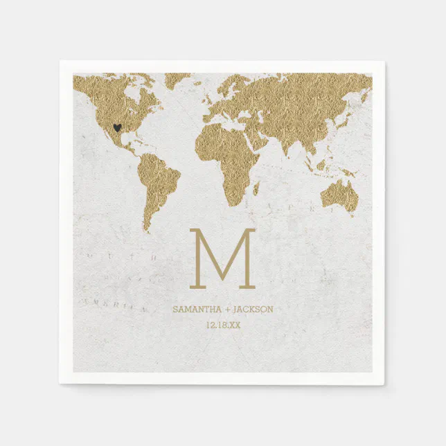 Gold Foil World Map Destination Wedding Monogram Paper Napkins | Zazzle