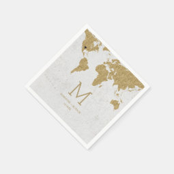 Gold Foil World Map Destination Wedding Monogram Paper Napkins | Zazzle
