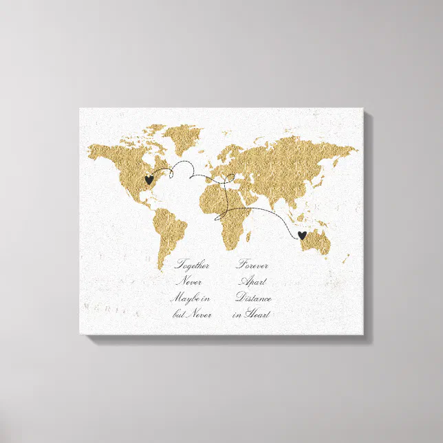 Gold Foil World Map Long Distance Relationship Canvas Print | Zazzle