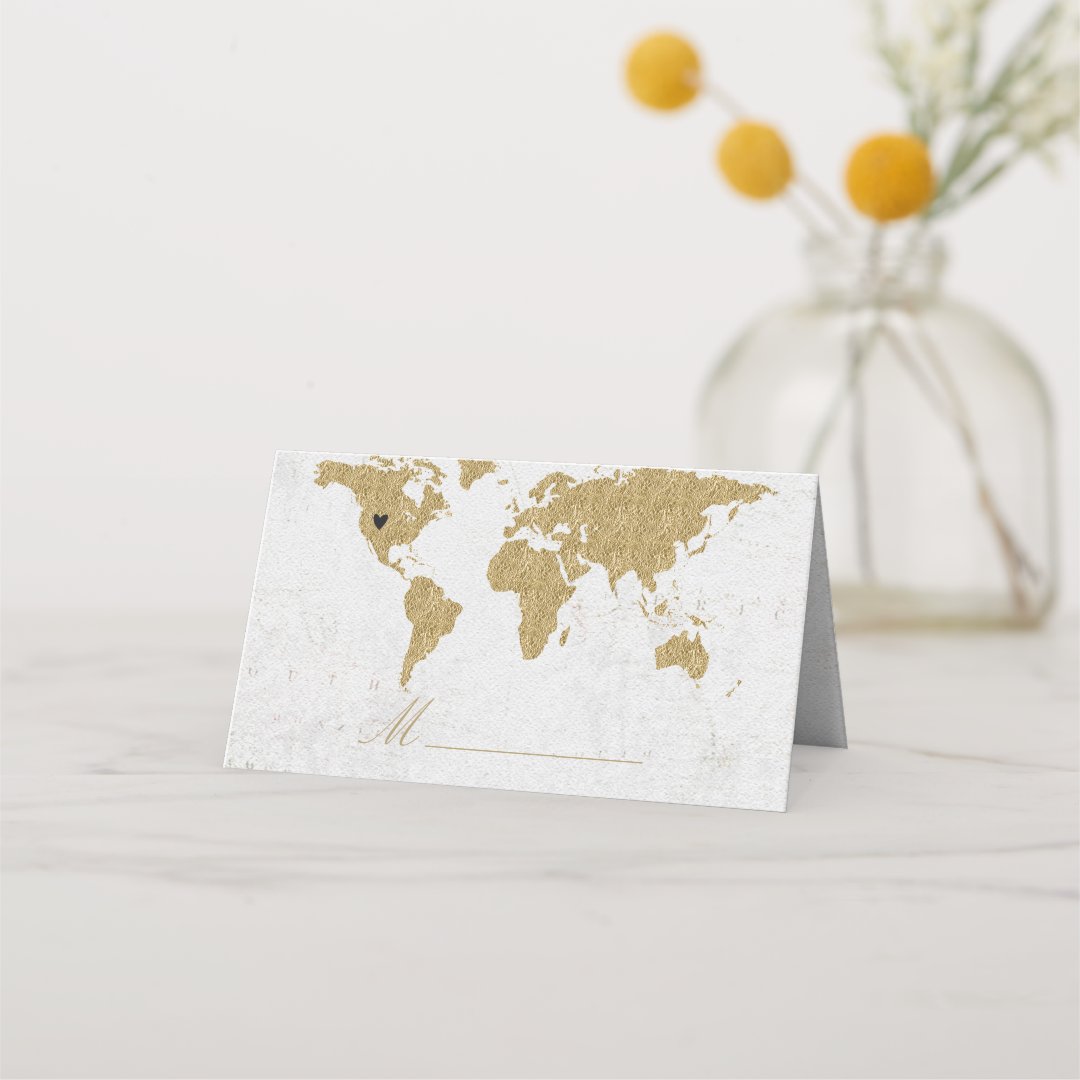 Gold Foil World Map Wedding Table Seating Place Card | Zazzle