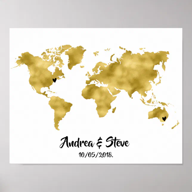 Gold Foil World Map with hearts couples Poster | Zazzle