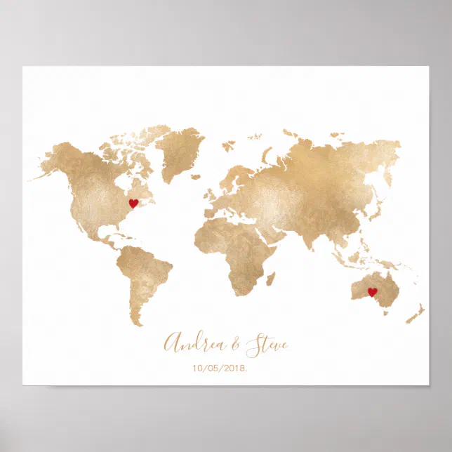 Gold Foil World Map with movable hearts couples Poster | Zazzle