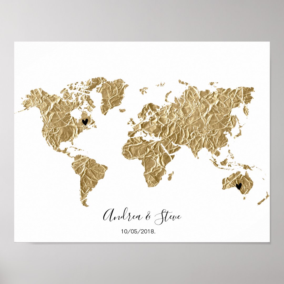 Gold Foil World Map with removable hearts couples Poster | Zazzle