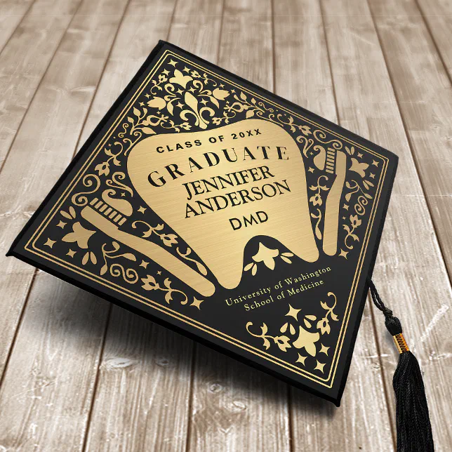 Gold Folk Art Dentist Student Graduation Cap Topper | Zazzle