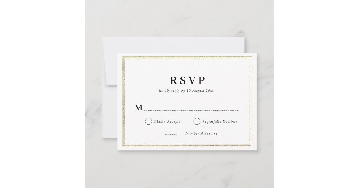 gold frame black and white wedding RSVP card | Zazzle