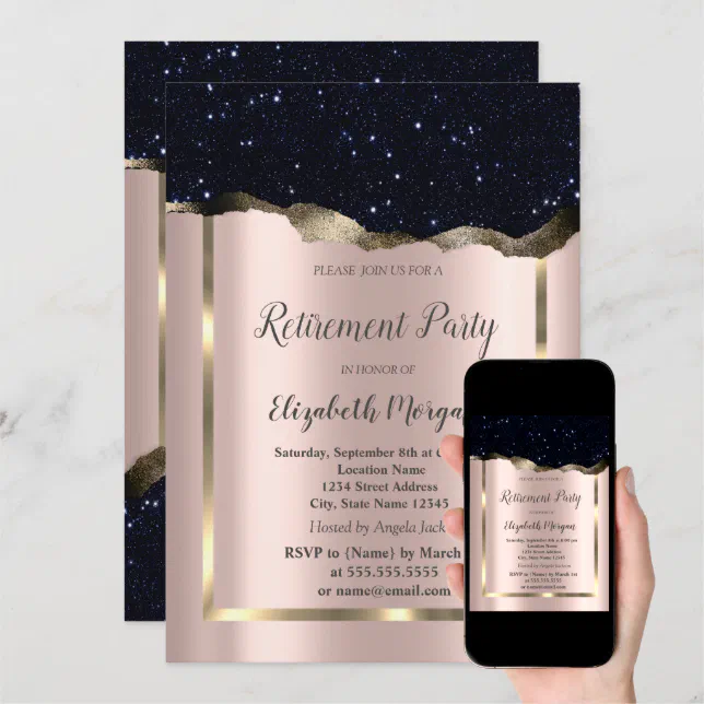 Gold Frame,Black Glitter Rose Gold Retirement Invitation | Zazzle