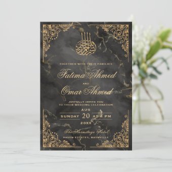 Gold Frame Black Marble Islamic Muslim Wedding Invitation | Zazzle