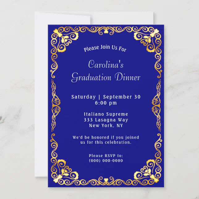 Gold Frame Blue Graduation Invitation | Zazzle