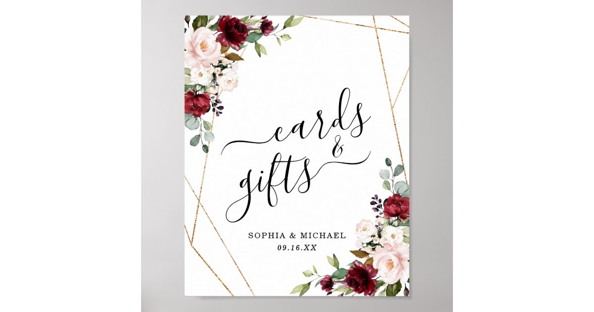 Gold Frame Burgundy Floral Cards and Gifts Sign | Zazzle