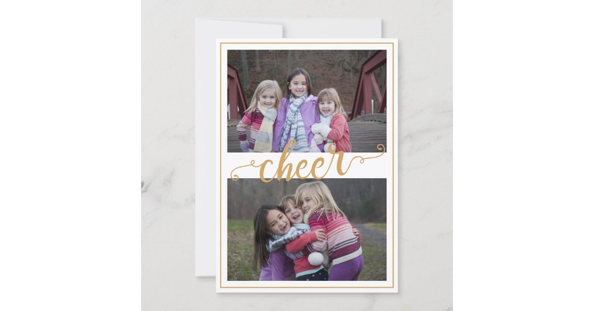 Gold Frame Cheer Typography Multiple Photo Holiday Card | Zazzle