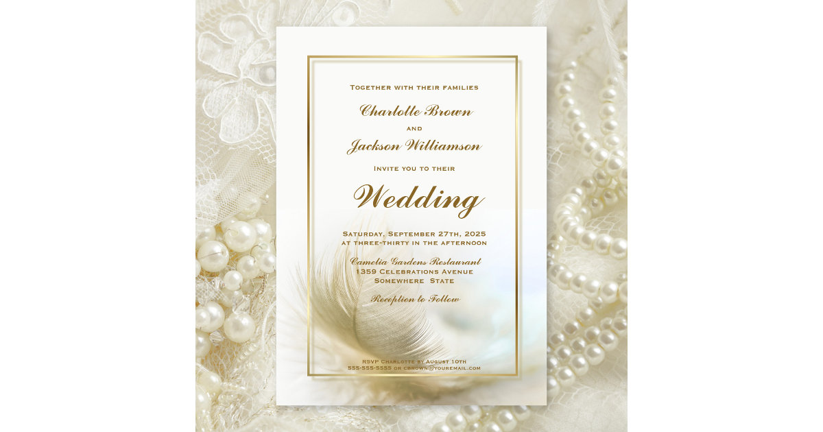 Gold Frame Feather Wedding Invitation with RSVP | Zazzle