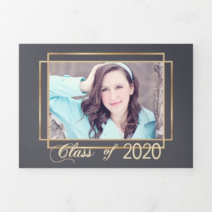 Gold Frame Gray Background Graduation Photo Tri-Fold Holiday Card ...