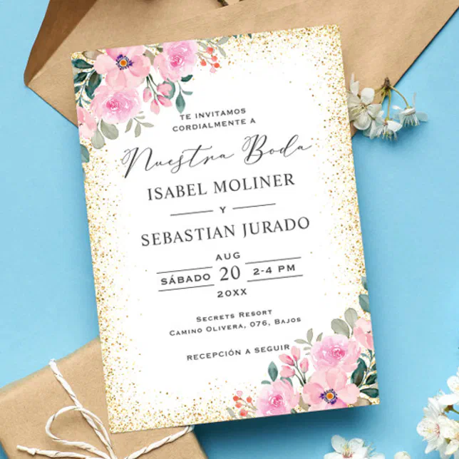 Gold Frame Pink Floral Nuestra Boda Spanish Invitation | Zazzle