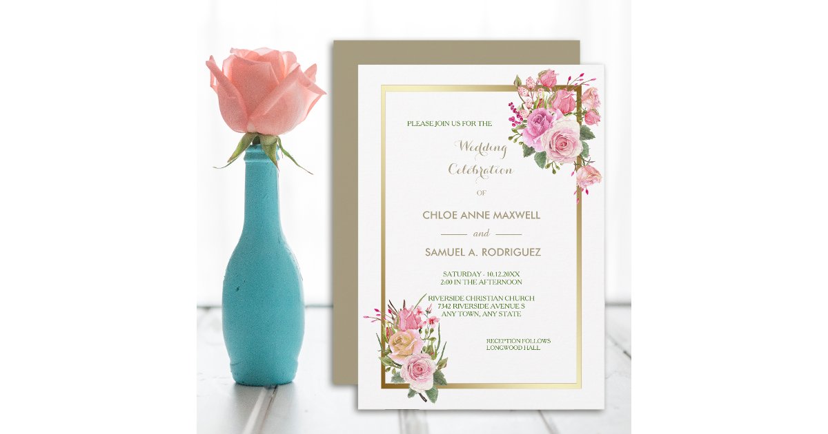 Gold Frame Pink Rose Wedding Invitation | Zazzle
